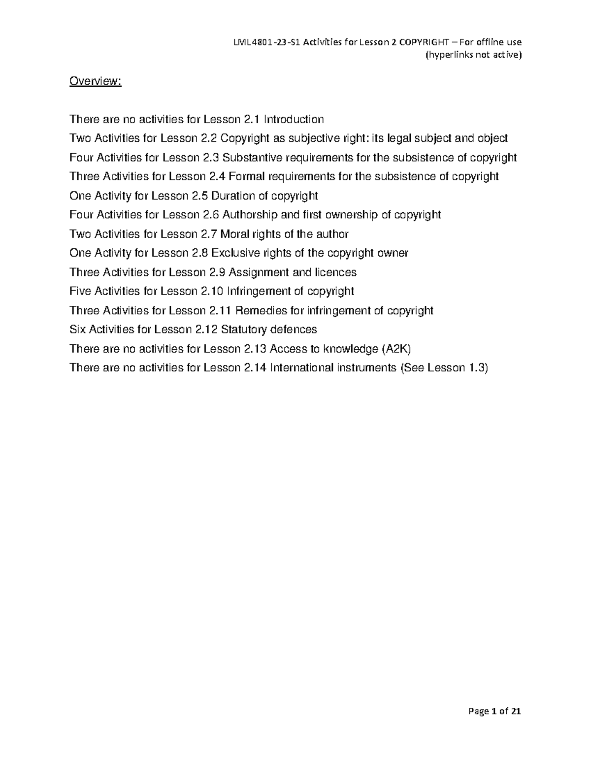 Lesson 2 Copyright Activities LML4801-23 Pdf for emergency offline use ...
