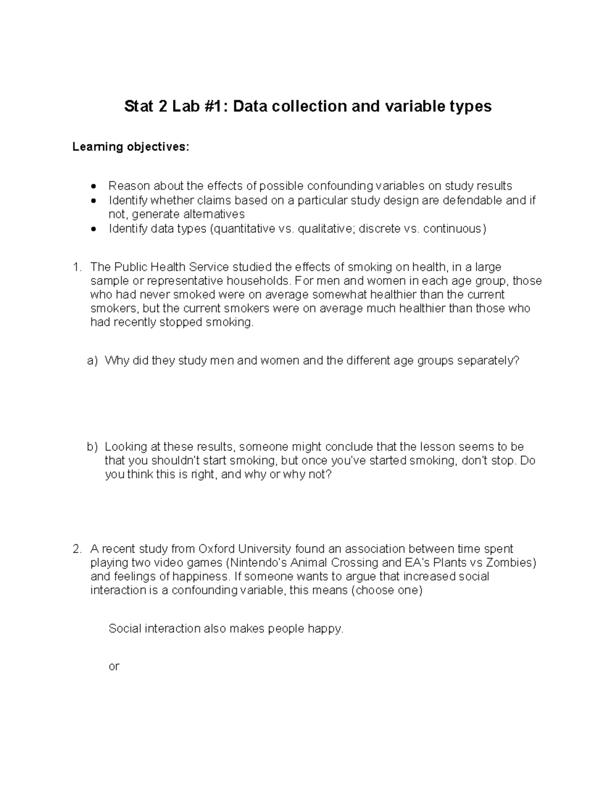 Stat2Su SLab 1 - summer stats lab - Stat 2 Lab #1: Data collection and variable types Learning ...