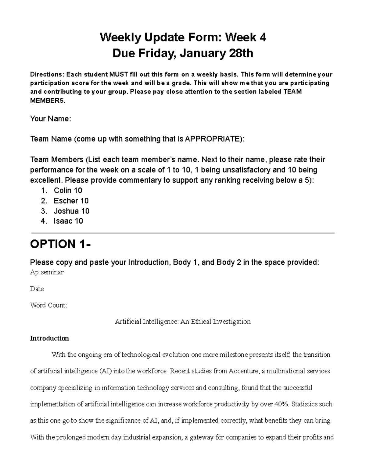 Weekly Update Form Week 4 - This form will determine your participation ...