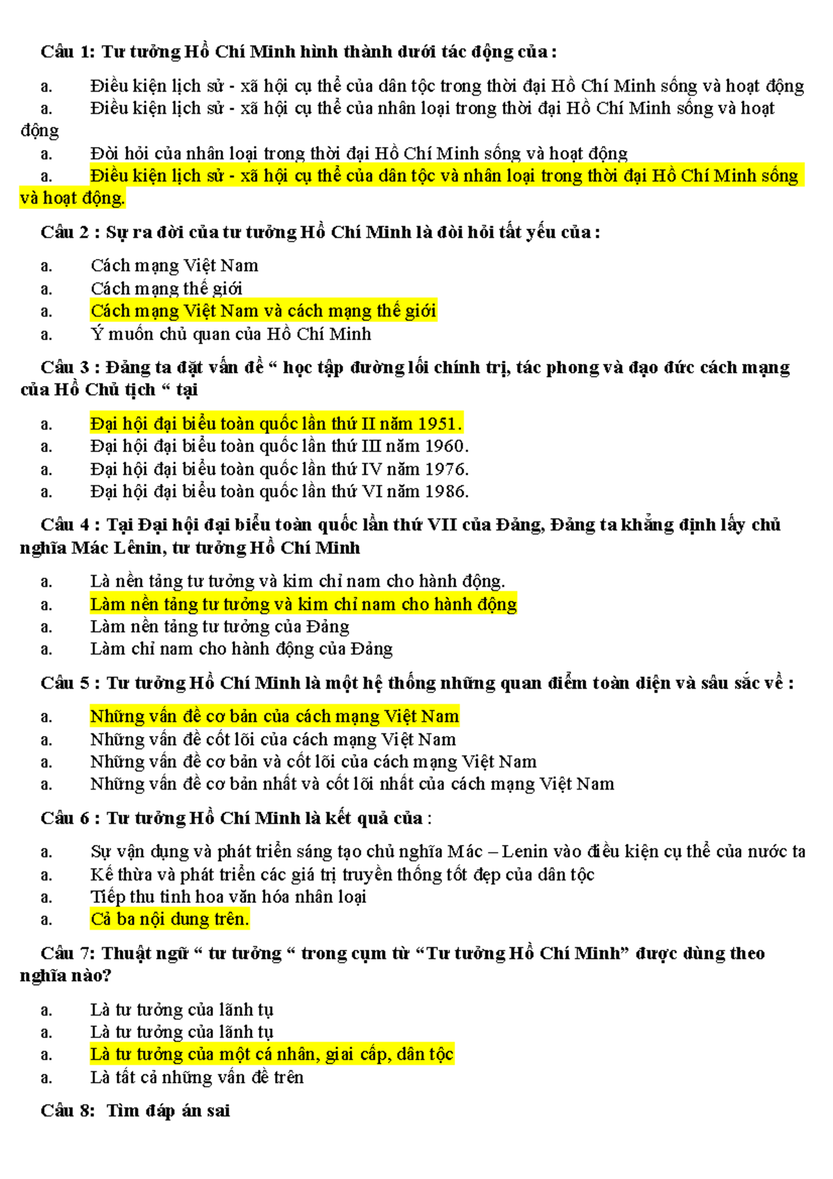 Tn-ck-tthcm - Tn-ck-tthcm - Câu 1: Tư tưởng Hồ Chí Minh hình thành dưới tác động của : a. Điều ...
