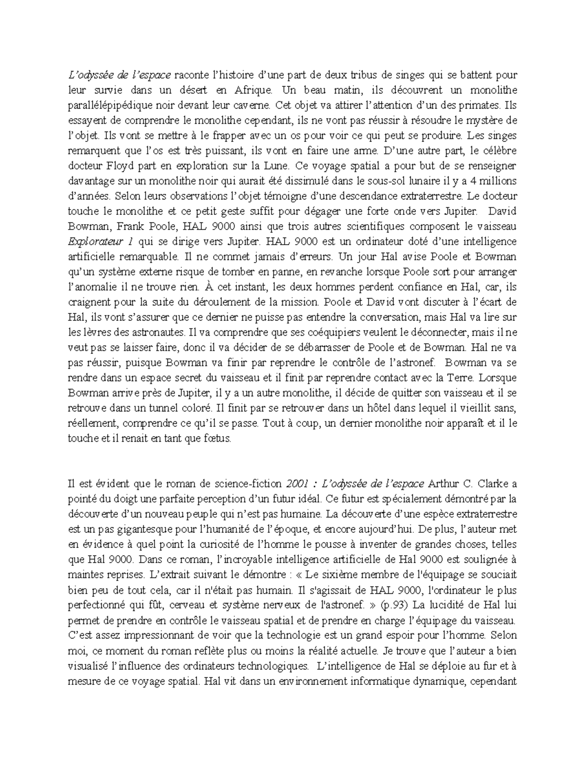 Doc 2 - Analyse d'un film visionné - L’odyssée de l’espace raconte l ...