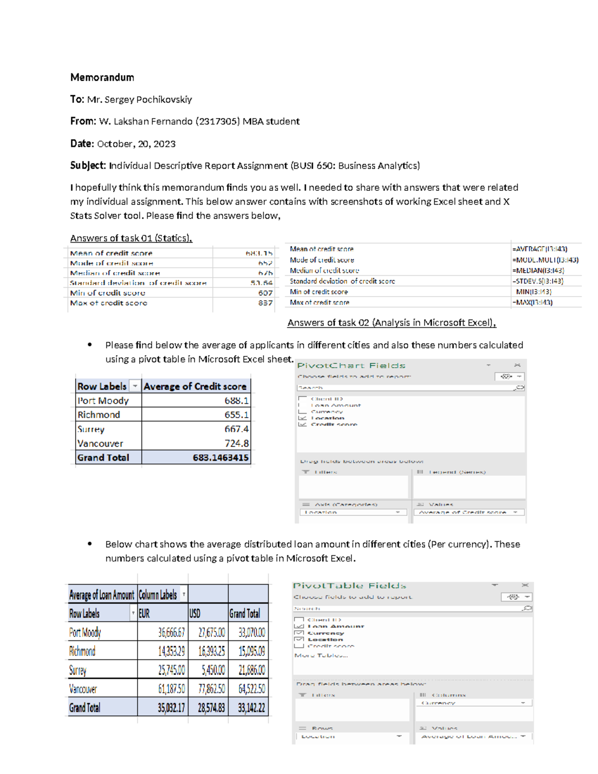 BUSI 650 individual descriptive report assignment - Memorandum To: Mr. Sergey Pochikovskiy From ...