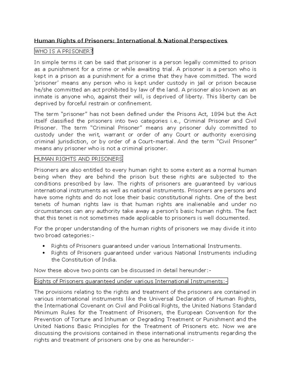 Human Rights UNIT 4 - Human Rights of Prisoners: International ...