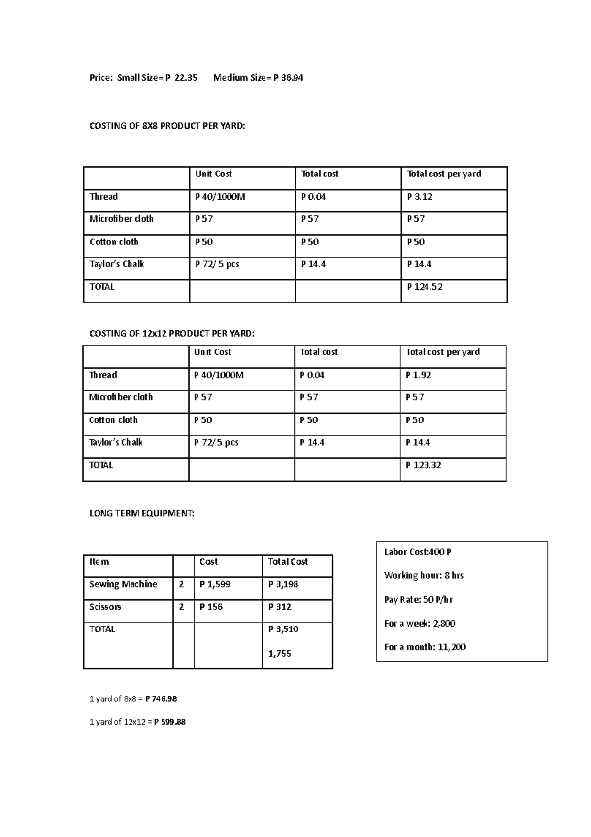 Entrep- Costing - Price: Small Size= P 22 Medium Size= P 36. COSTING OF ...