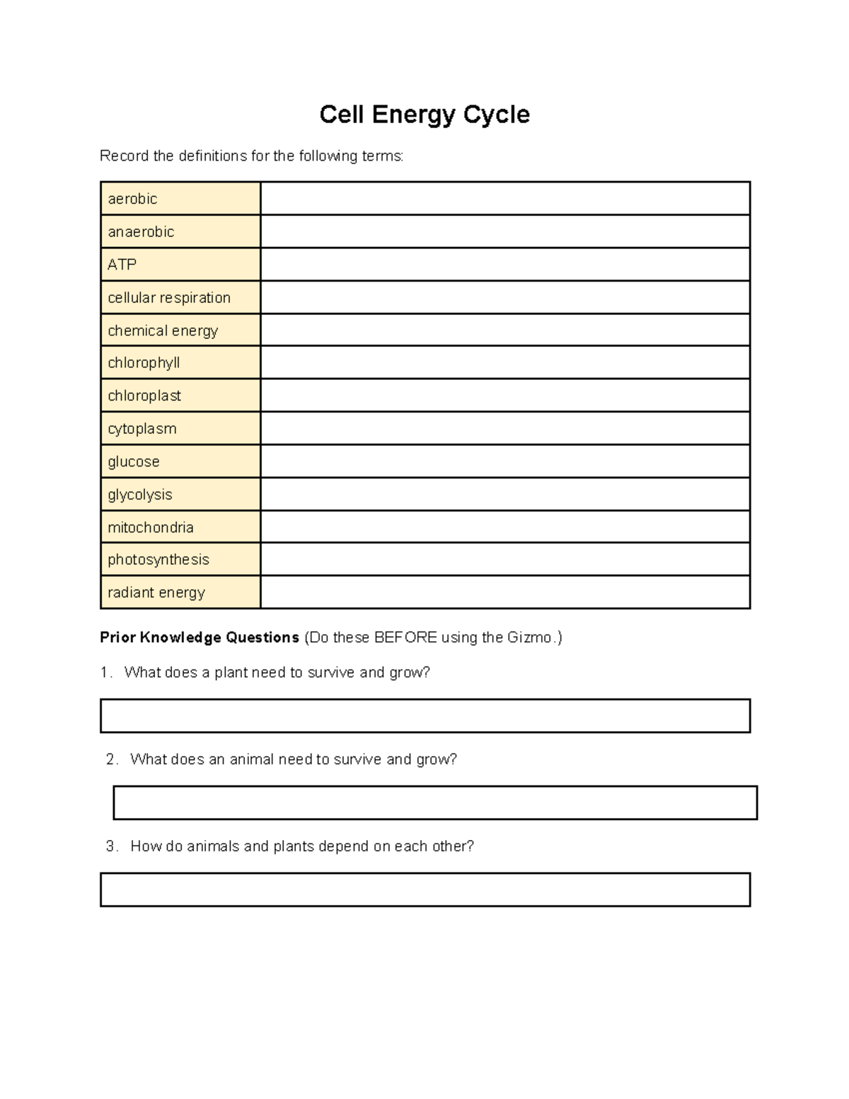 Cell Energy Cycle Workbook - Cell Energy Cycle Record the definitions ...