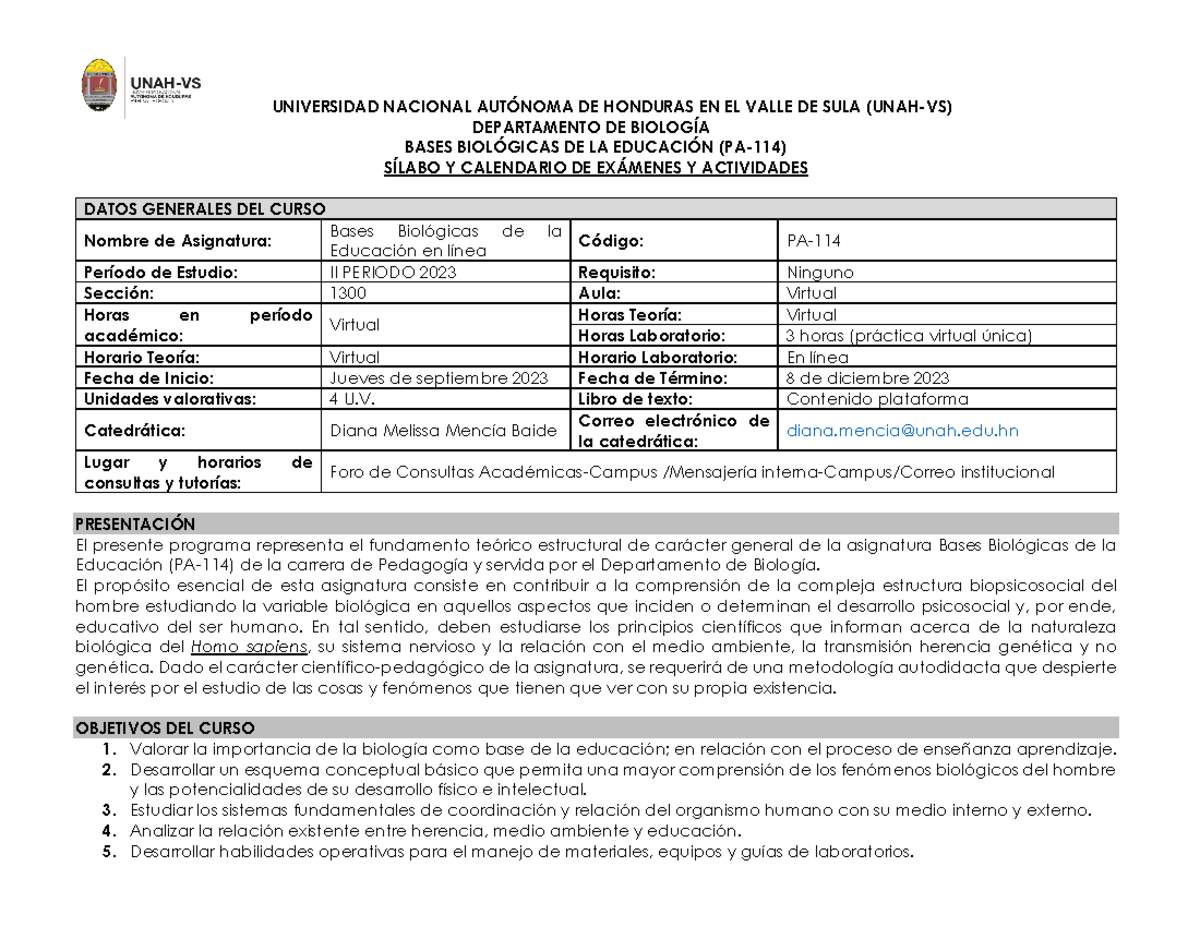Sílabo Y Lineamientos Bases Biologicas III PAC 2023 - UNIVERSIDAD NACIONAL AUT”NOMA DE HONDURAS ...