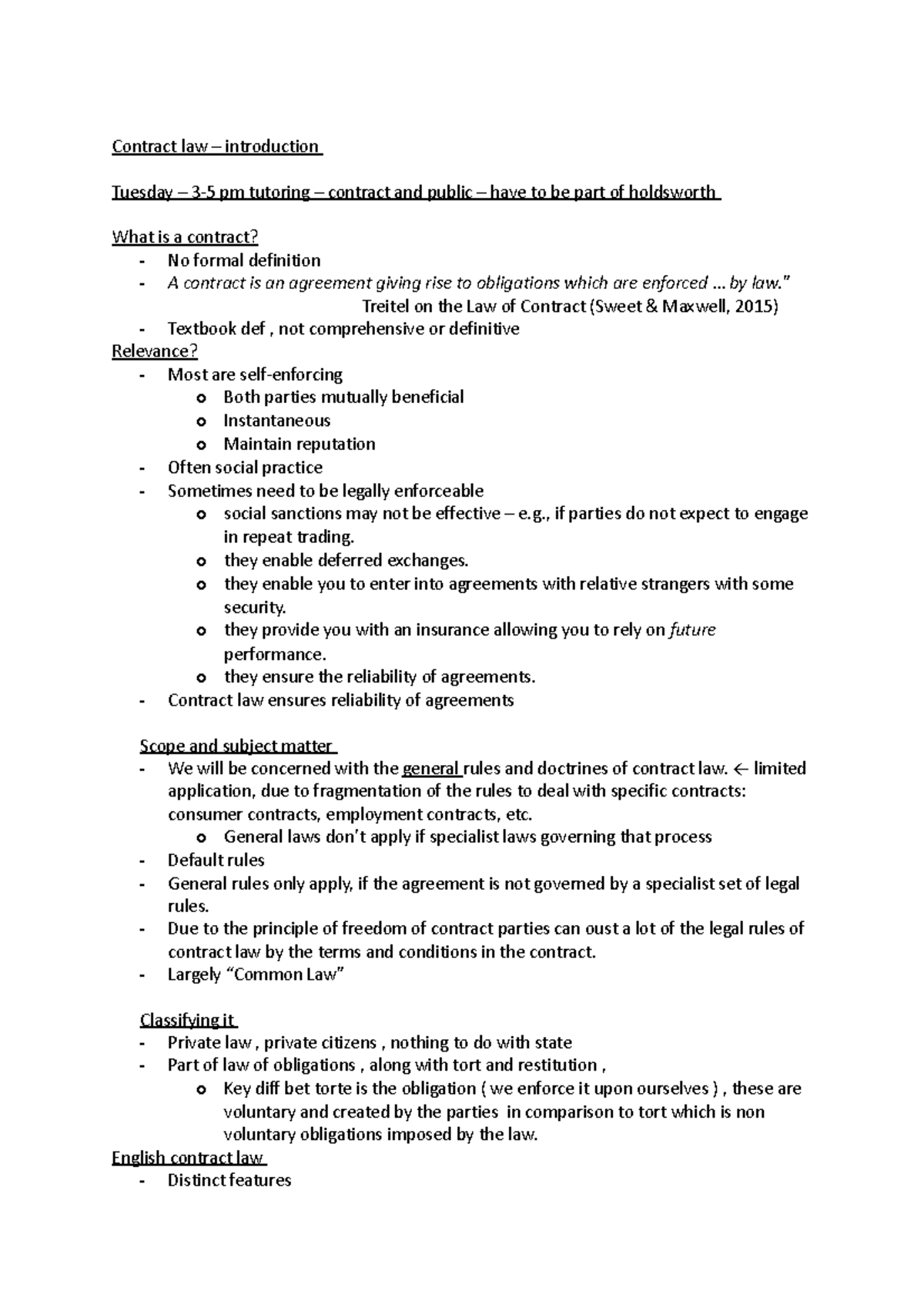 L1 contract law - lecture one notes - Contract law – introduction ...