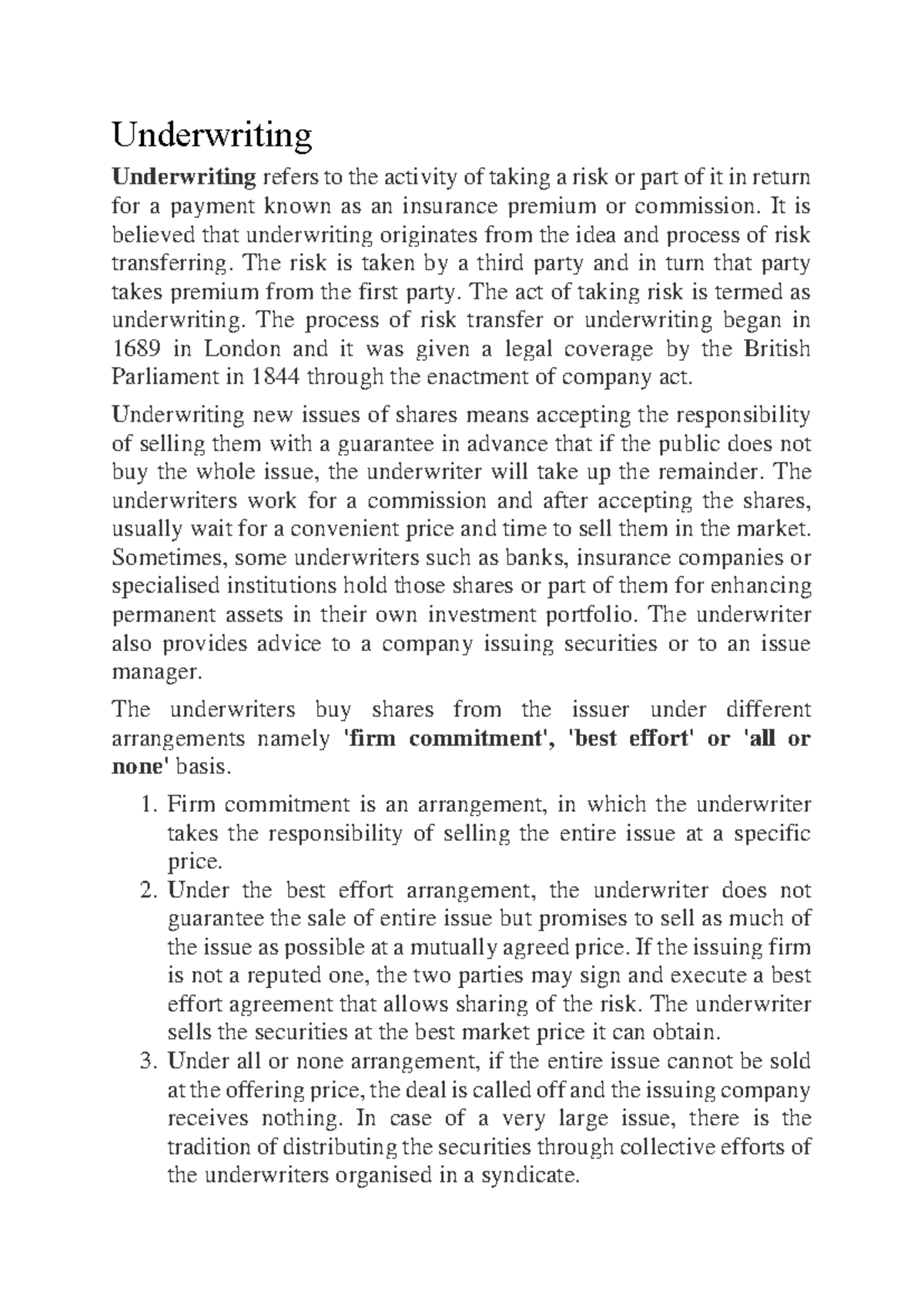 5. Underwriting - Class Work - Underwriting Underwriting refers to the ...