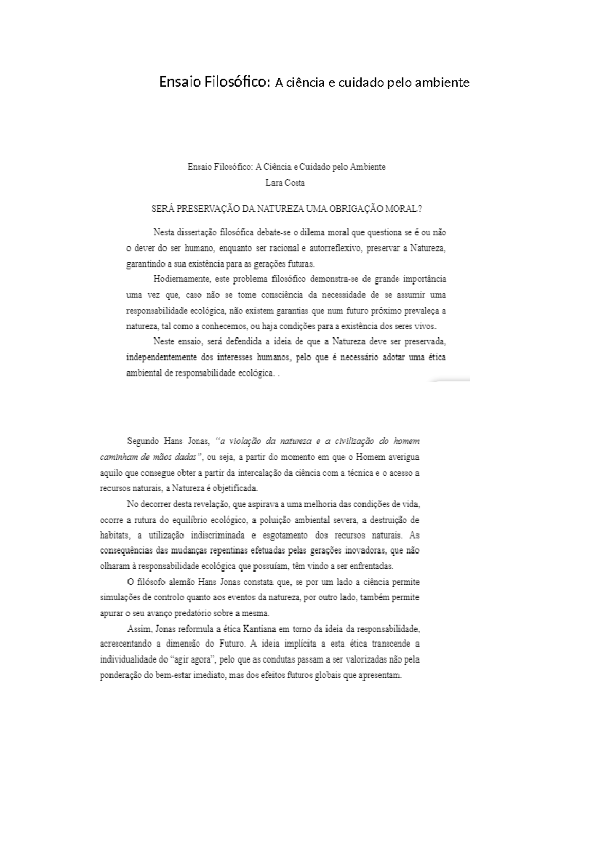 Ensaio Filosófico LHA - Ensaio Filosófico: A ciência e cuidado pelo ...