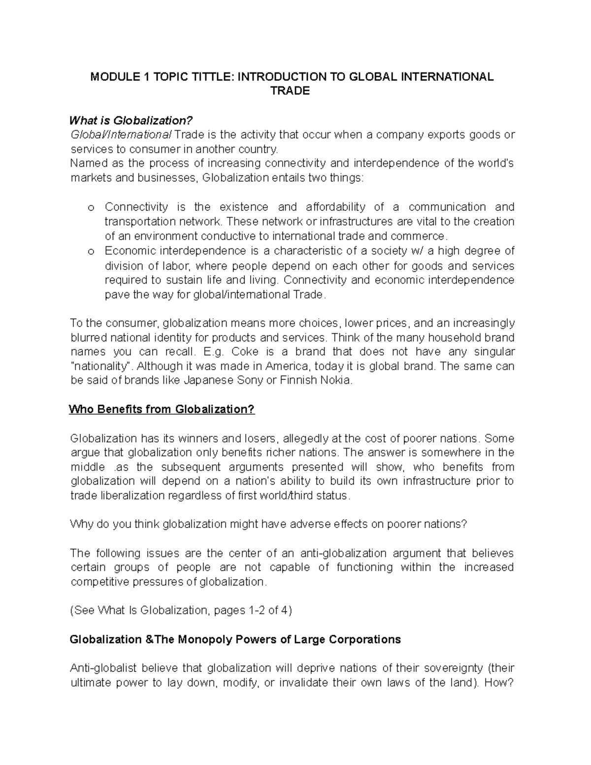Module 1 Topic Tittle - MODULE 1 TOPIC TITTLE: INTRODUCTION TO GLOBAL ...