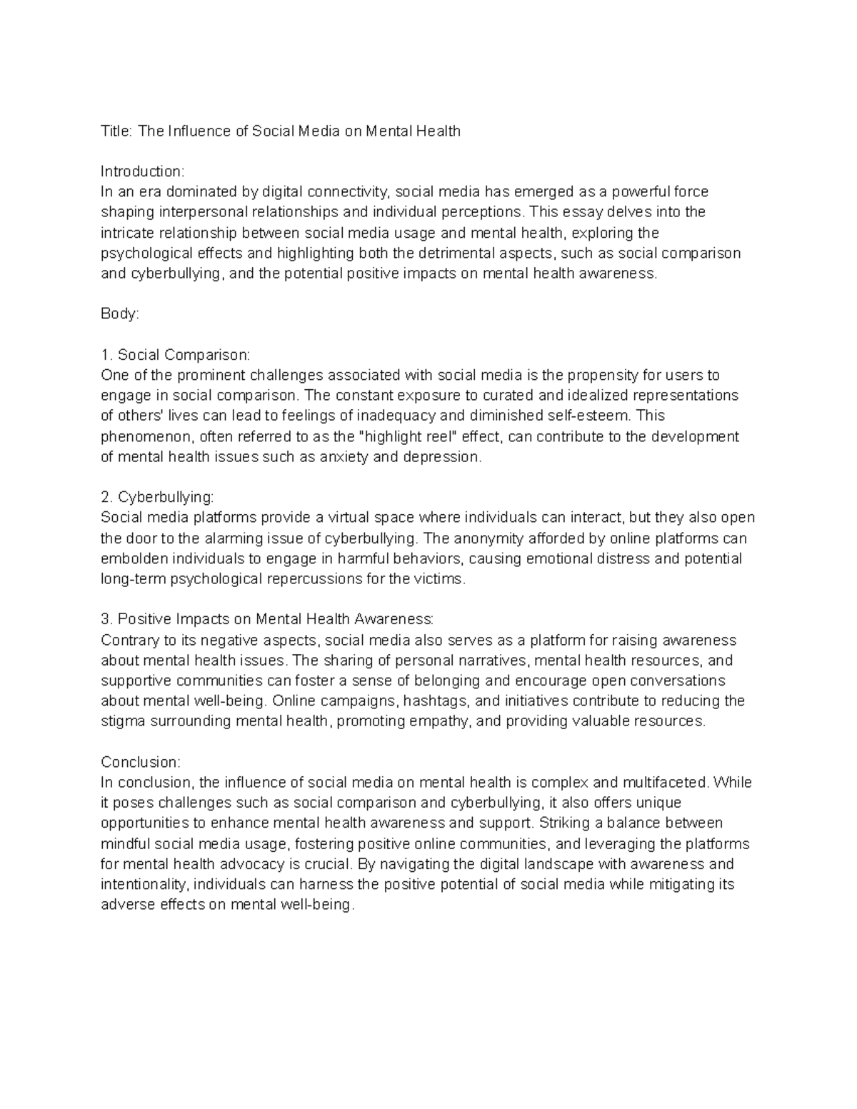 Reflection paper - Title: The Influence of Social Media on Mental ...