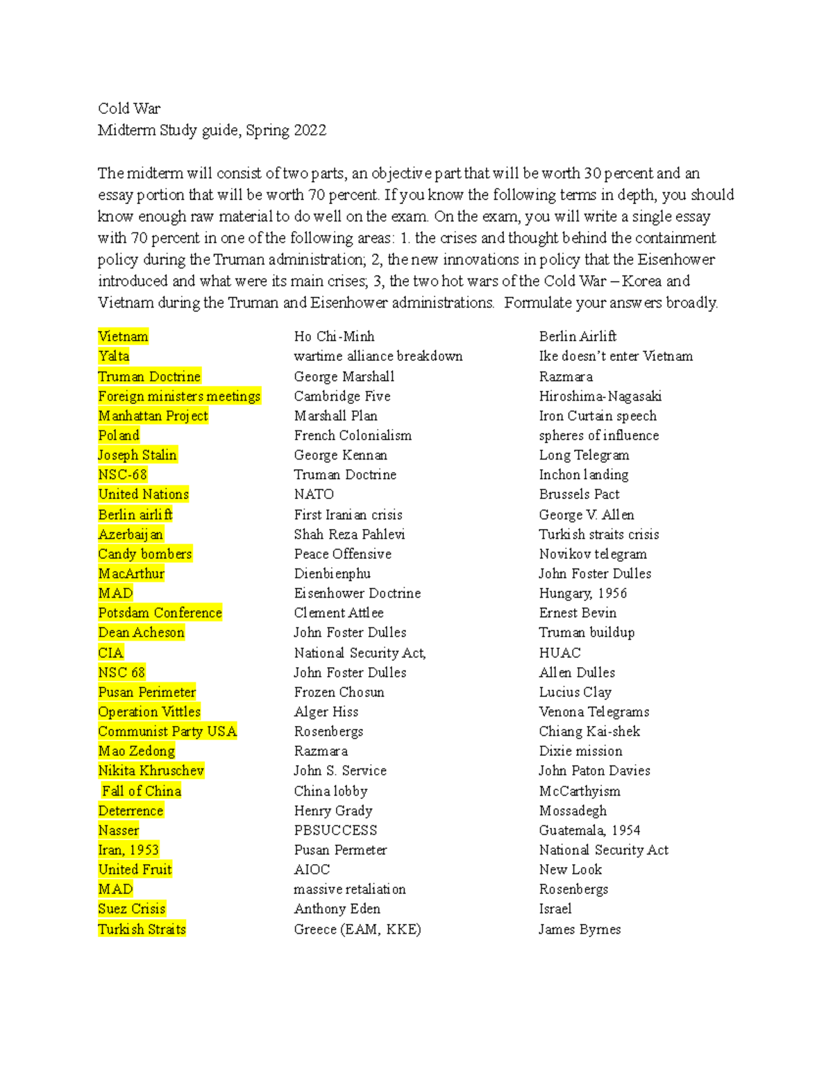 Cold War Midterm study guide 2022 US History - Cold War Midterm Study ...