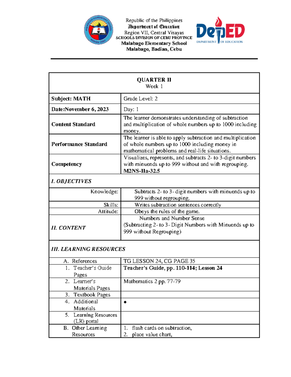 Math Q 2D1Week1 - Math Detailed Lesson Plan Quarter 2 Week 1 ...