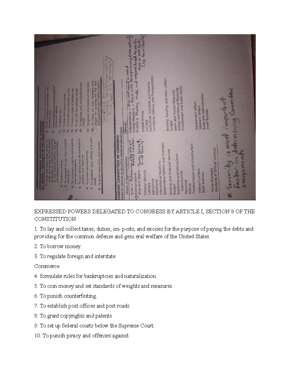 History notes 3 - EXPRESSED POWERS DELEGATED TO CONGRESS BY ARTICLE I ...