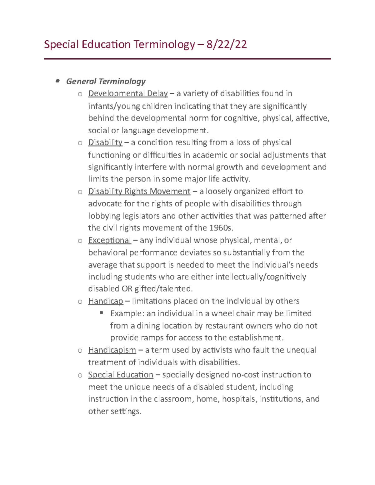 Special Education Terminology - o Disability – a condition resulting ...