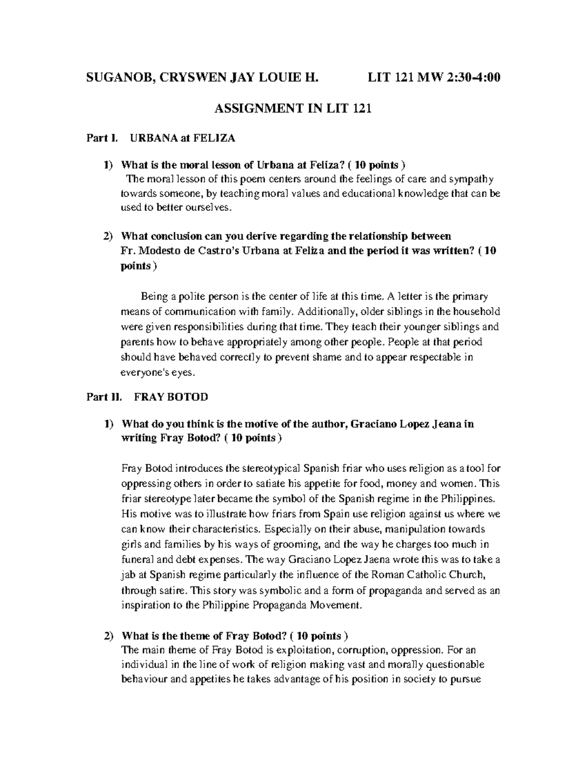 Assignment IN LIT 121 October 2022 Suganob - SUGANOB, CRYSWEN JAY LOUIE H. LIT 121 MW 2:30-4 ...