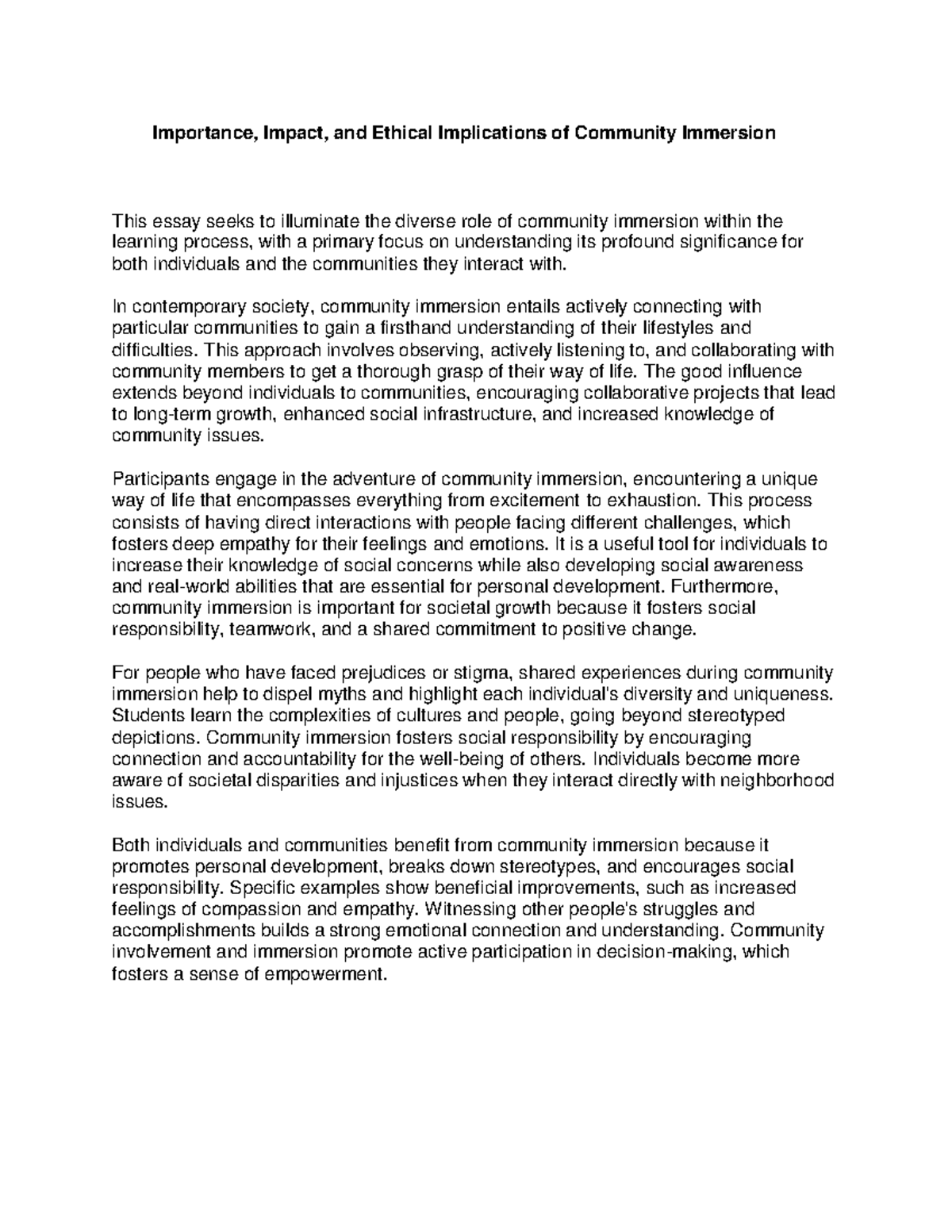 Importance, Impact, and Ethical Implications of Community Immersion ...