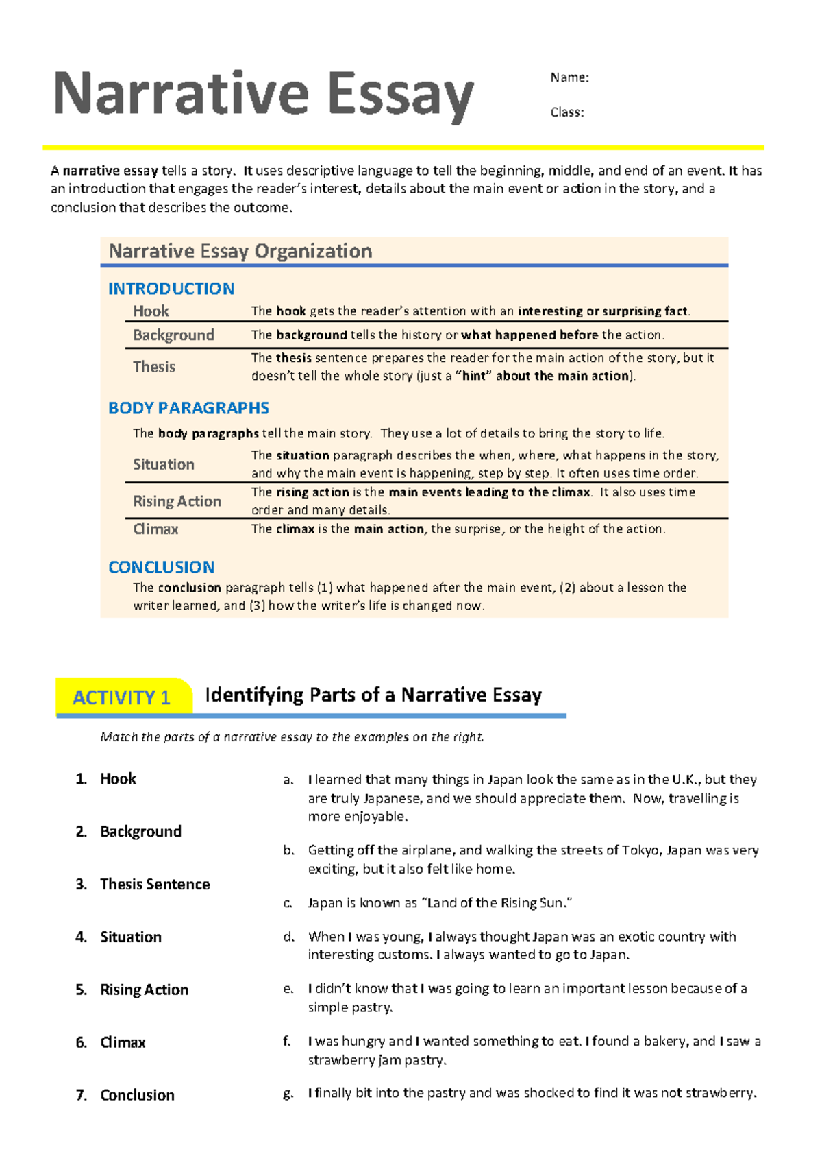 Narrartive Essay Worksheet - ACTIVITY 1 Narrative Essay A narrative ...