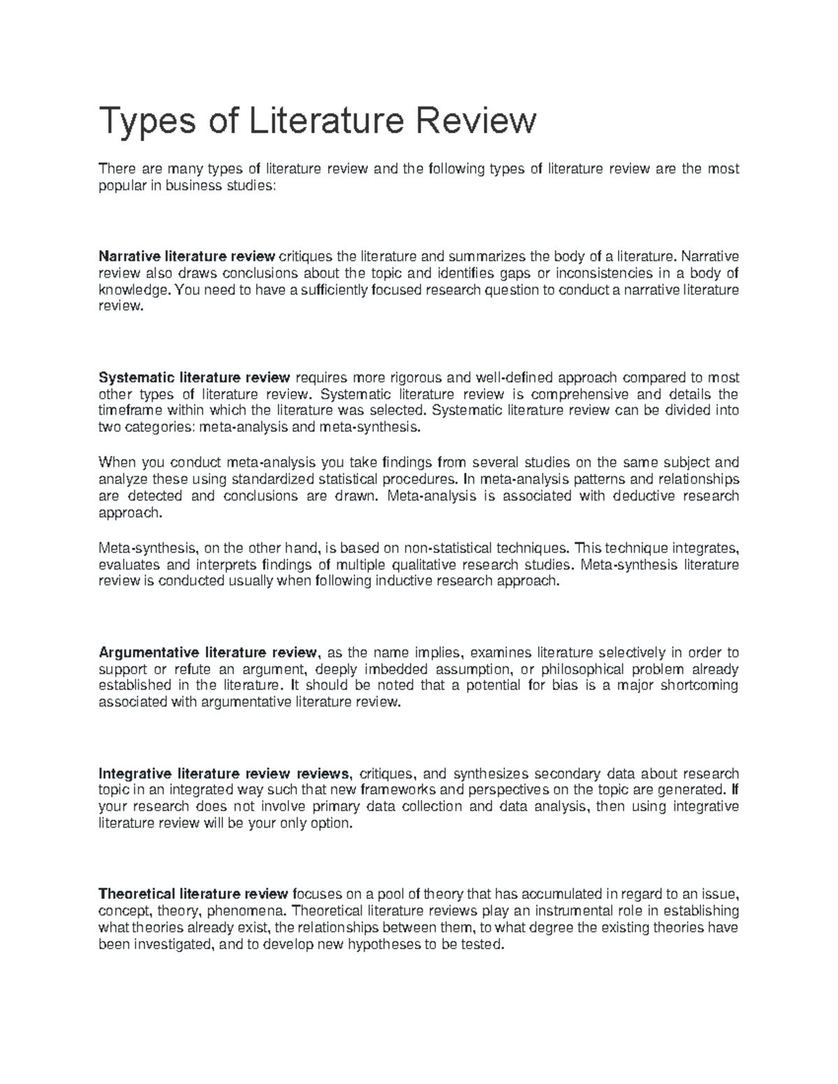 Types of Literature Review - Types of Literature Review There are many ...