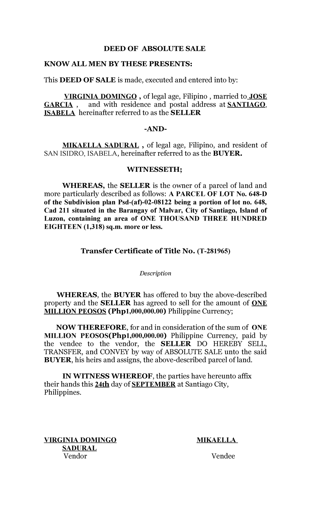 MIKA DEED OF Absolute SALE OF Parcel OF LAND- Draft - DEED OF ABSOLUTE SALE KNOW ALL MEN BY ...