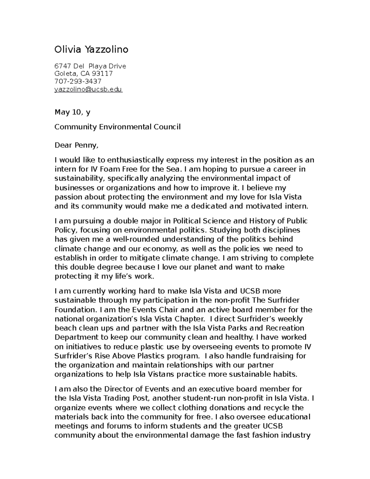 Cover letter - coursework - Olivia Yazzolino 6747 Del Playa Drive ...