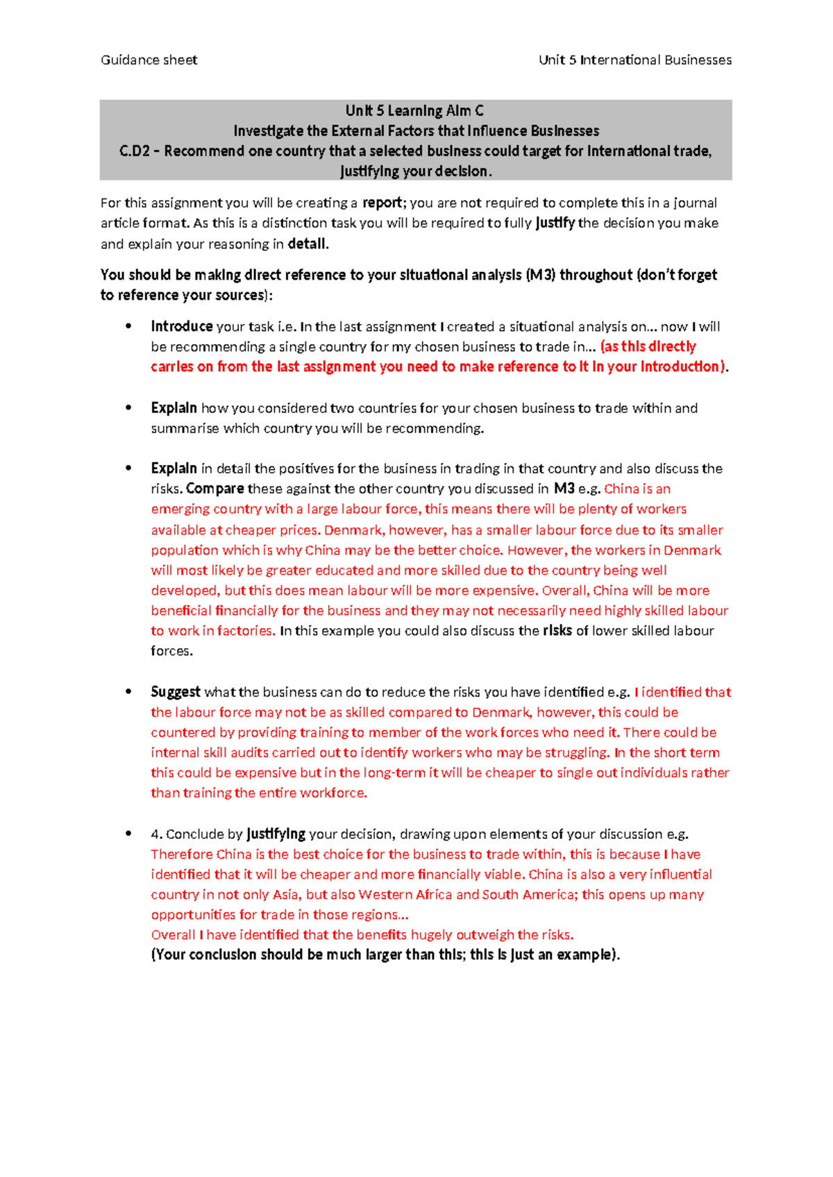 Unit 5 Learning Aim C.D2 - Guidance sheet Unit 5 International ...