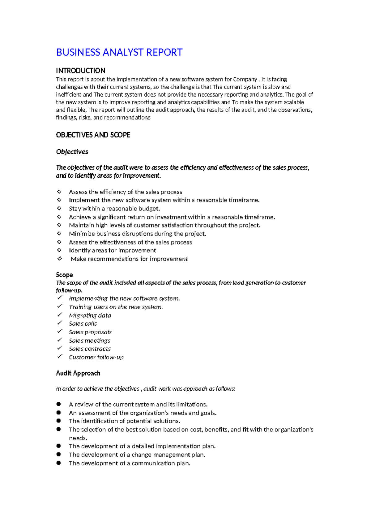 Business Analyst Report - BUSINESS ANALYST REPORT INTRODUCTION This ...