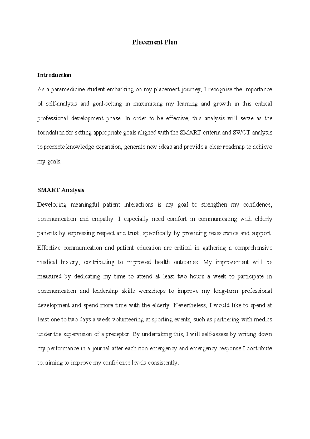Placement Plan - Placement Plan Introduction As a paramedicine student ...
