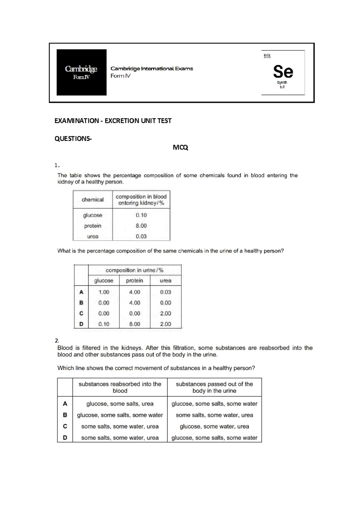 Excretion UNIT TEST - Biosystems Engineering - EXAMINATION - EXCRETION ...