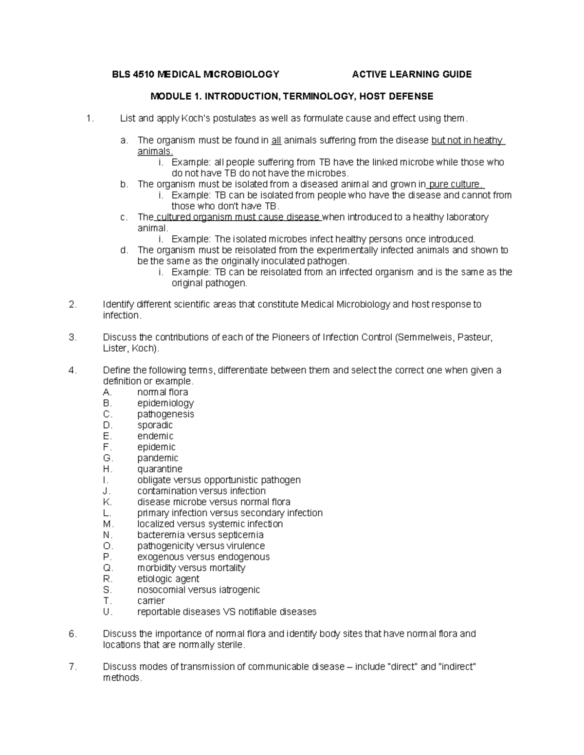 Module 1. Active Learning Guide - BLS 4510 MEDICAL MICROBIOLOGY ACTIVE LEARNING GUIDE MODULE 1 ...