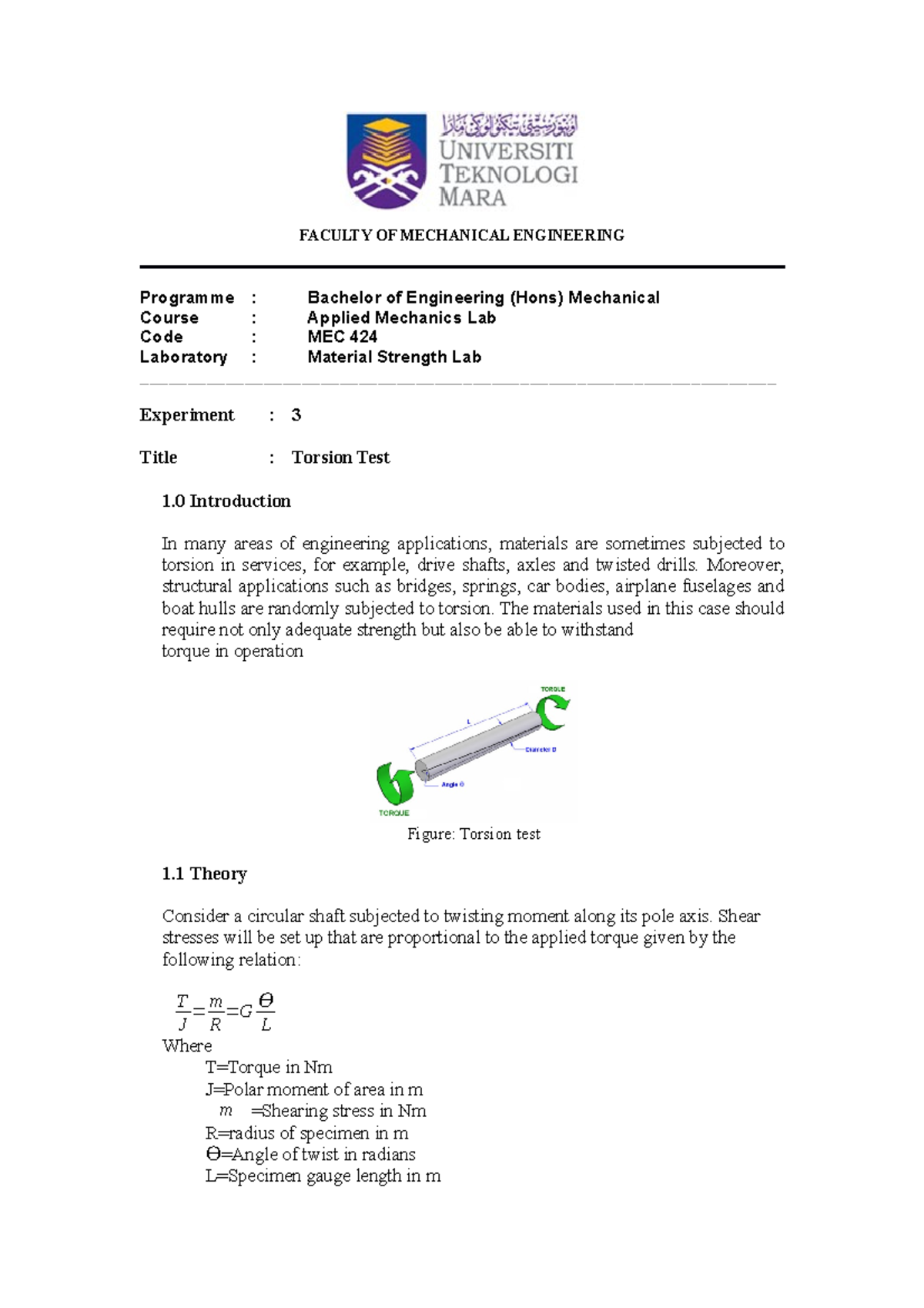 Lab Sheet Experiment 3-Strength - FACULTY OF MECHANICAL ENGINEERING ...
