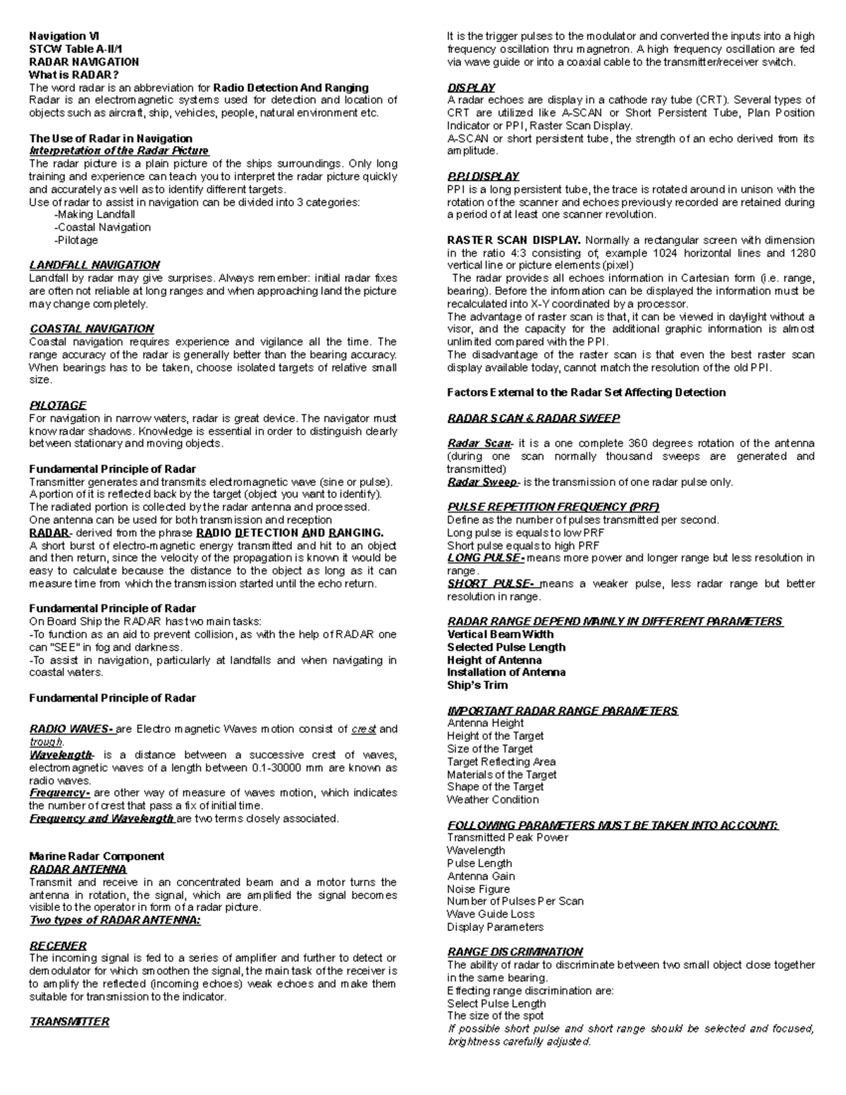 Navigation V Reviewer - Navigation VI STCW Table A-II/ RADAR NAVIGATION ...