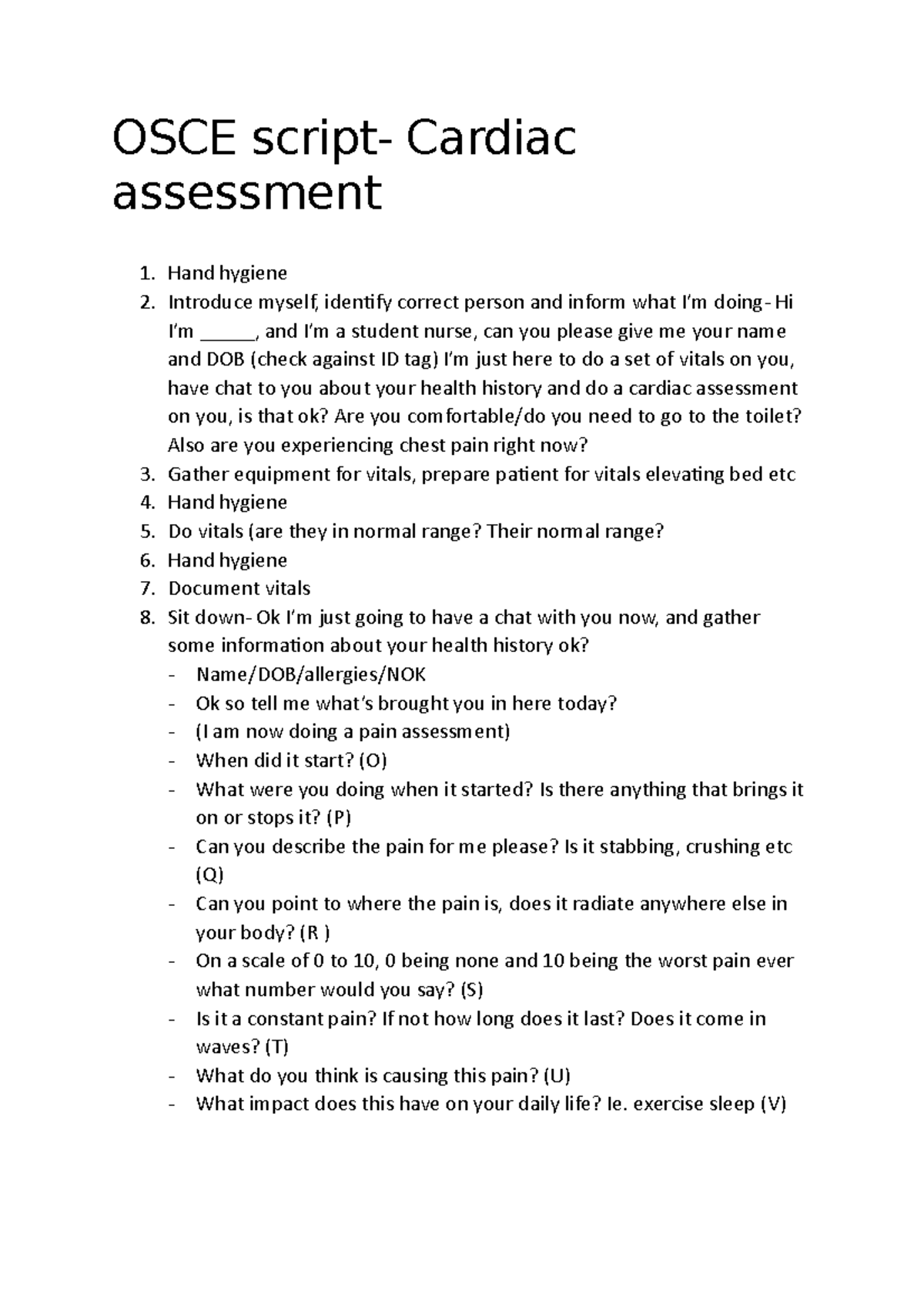 OSCE script- Cardiac assesment - OSCE Cardiac assessment 1. Hand ...