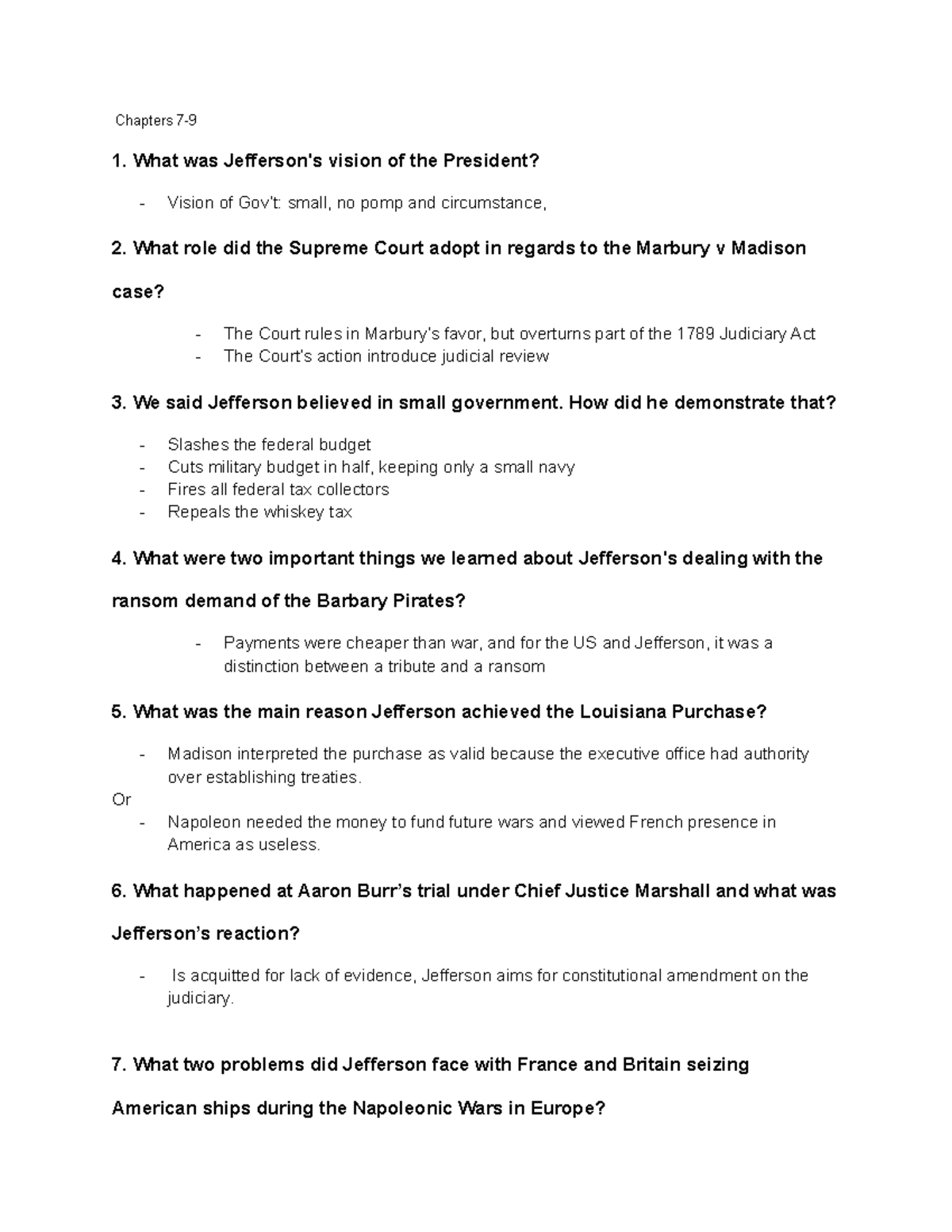 History Exam #3 review - Chapters 7- 1. What was Jefferson's vision of ...