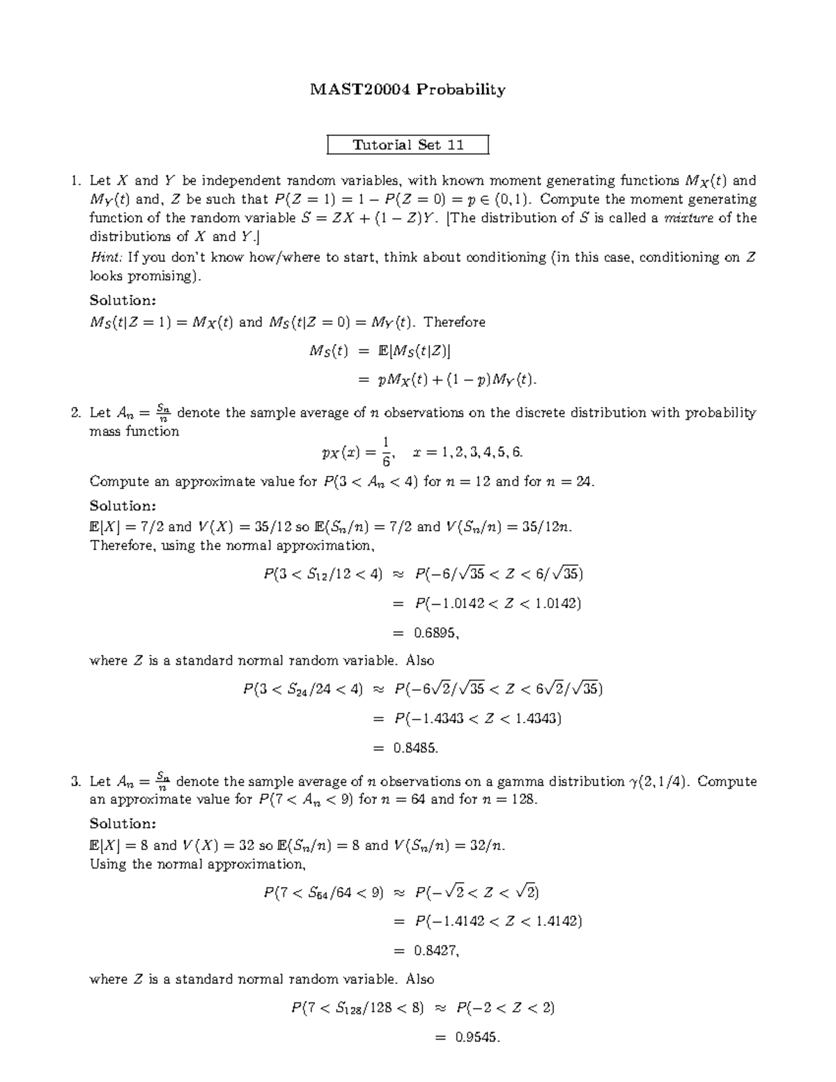 MAST2000 4 Tute11 Sol - MAST20004 Probability Tutorial Set 11 1. Let X ...