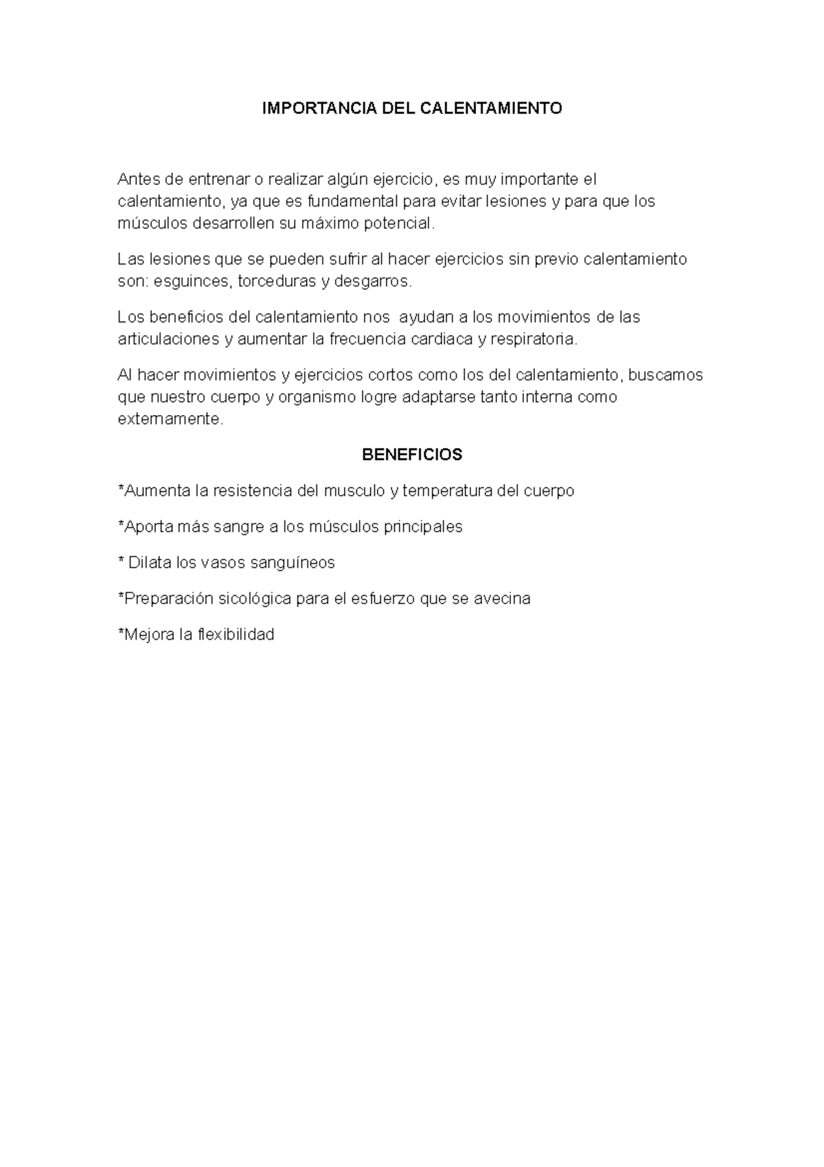 Importancia DEL Calentamiento LEO Filomena - IMPORTANCIA DEL ...