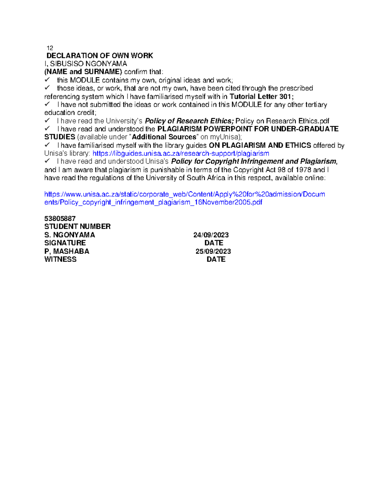 DPR2604 Assignment 2 Semester 2 (2) - 12 DECLARATION OF OWN WORK I ...