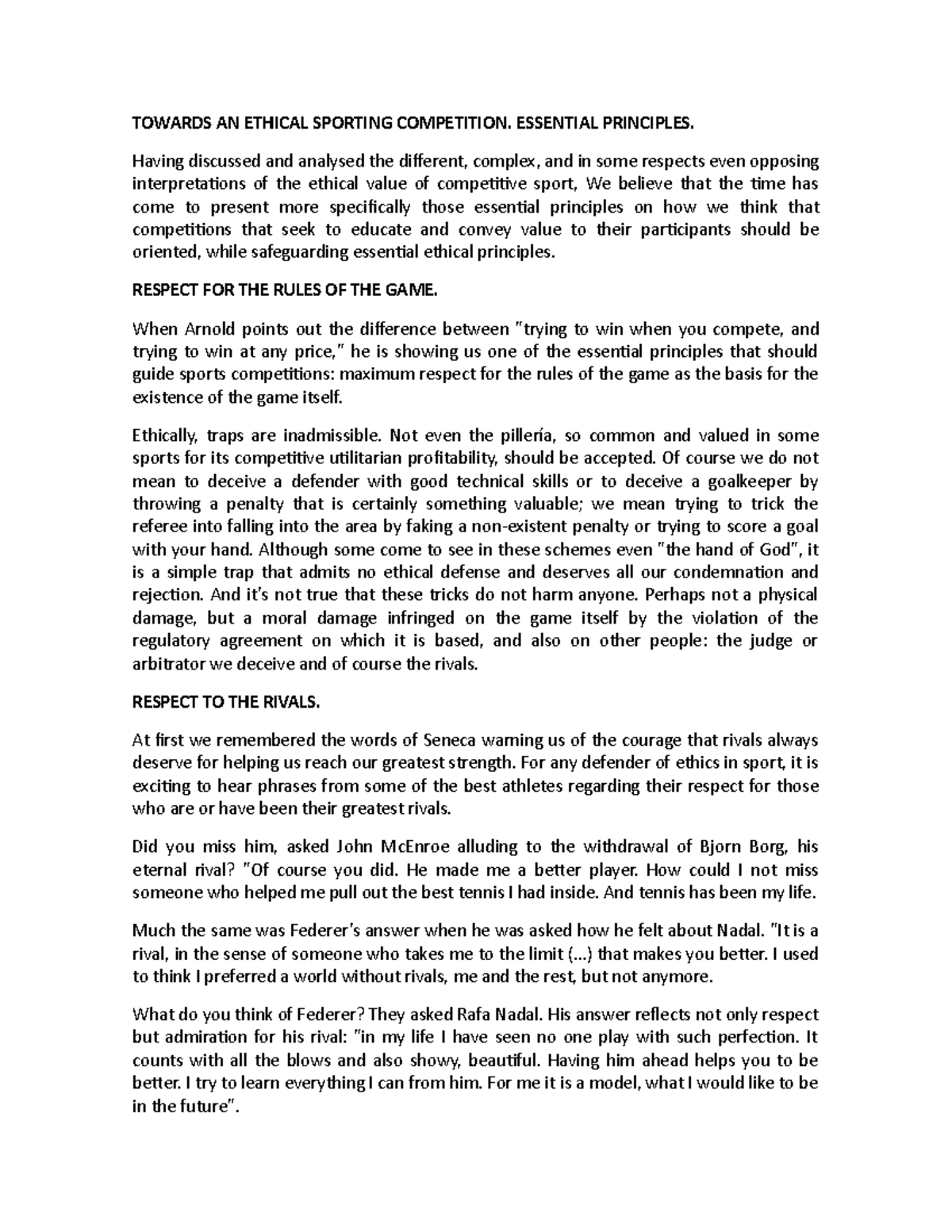 Essential principles of competitive sport - TOWARDS AN ETHICAL SPORTING ...