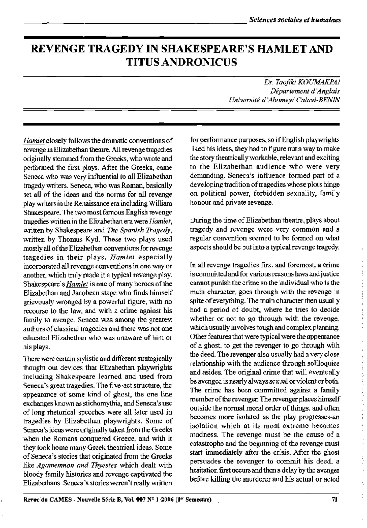 Revenge Tragedy in Hamlet - ___________________________ Sciences ...
