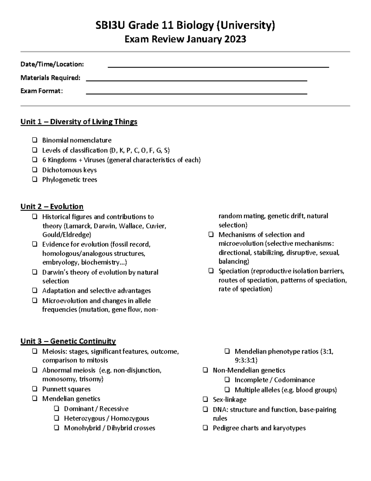 SBI 3U Exam Review handout 2023 - SBI3U Grade 11 Biology (University ...