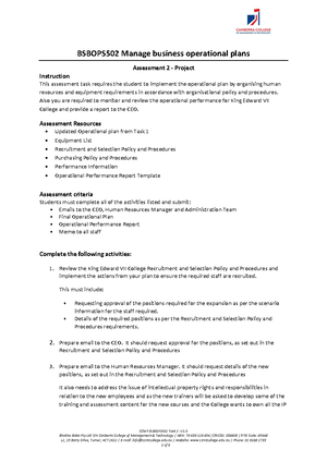 Bsbops 502 Task 2 V1 - Answers - BSBOPS502 Manage business operational plans Assessment 2 ...