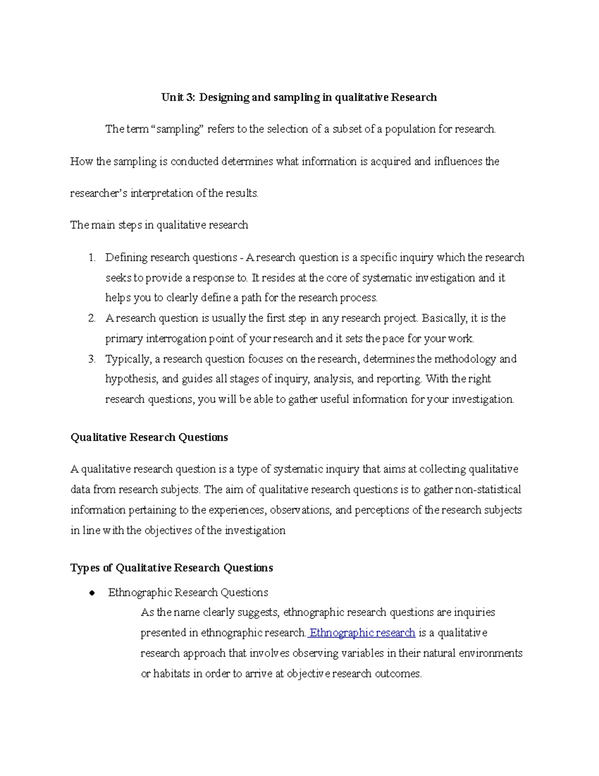 Unit 3 (1) - Qual notes - Unit 3: Designing and sampling in qualitative ...