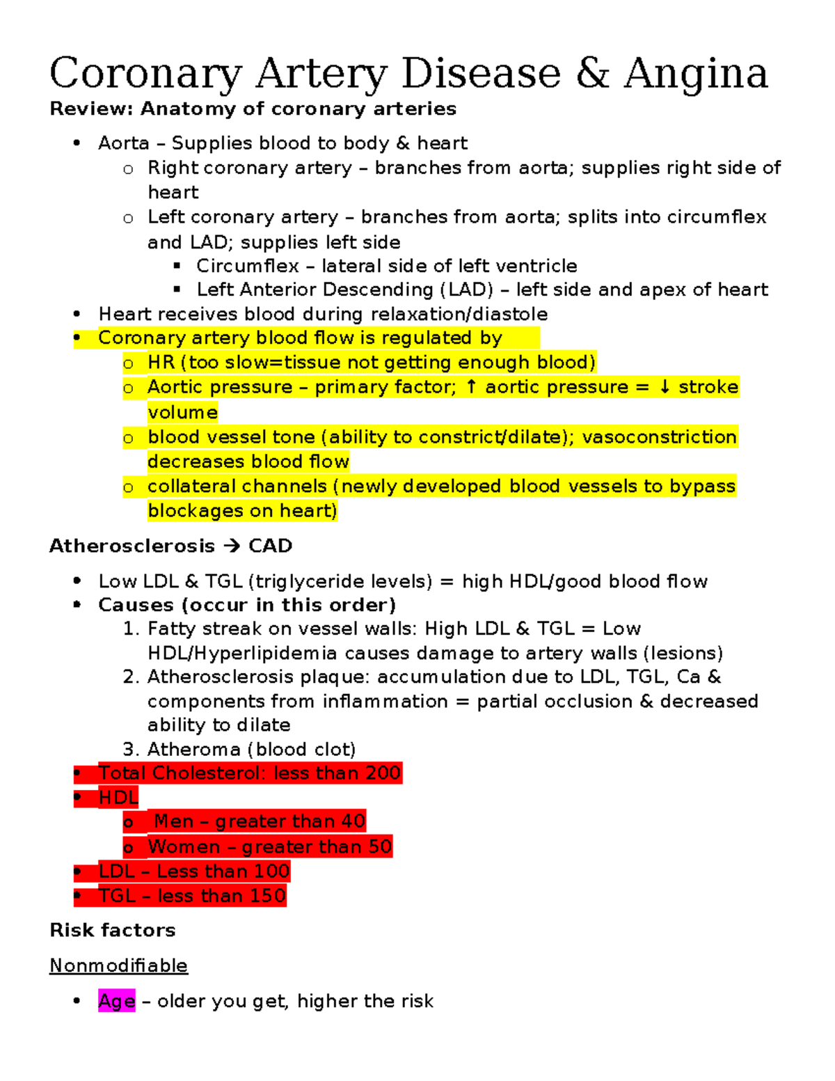 CAD-Angina Notes - Review: Anatomy of coronary arteries Aorta ...
