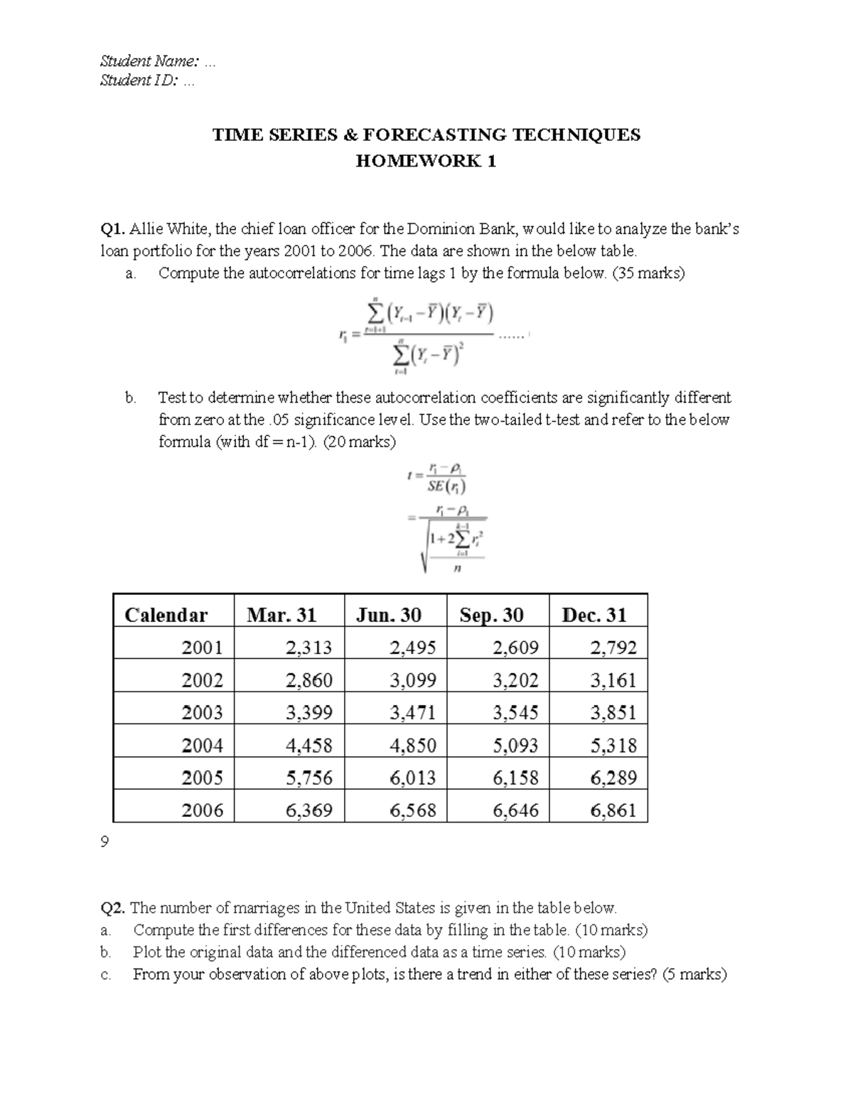 [TS] HW1 - DE BAI - Student Name: ... Student ID: ... TIME SERIES & FORECASTING TECHNIQUES - Studocu