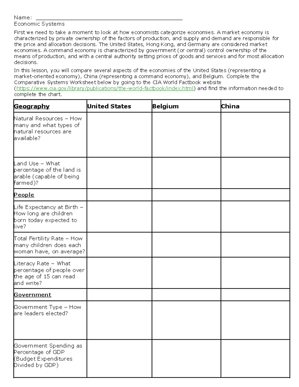 Comparitive economic webquest - Name ...