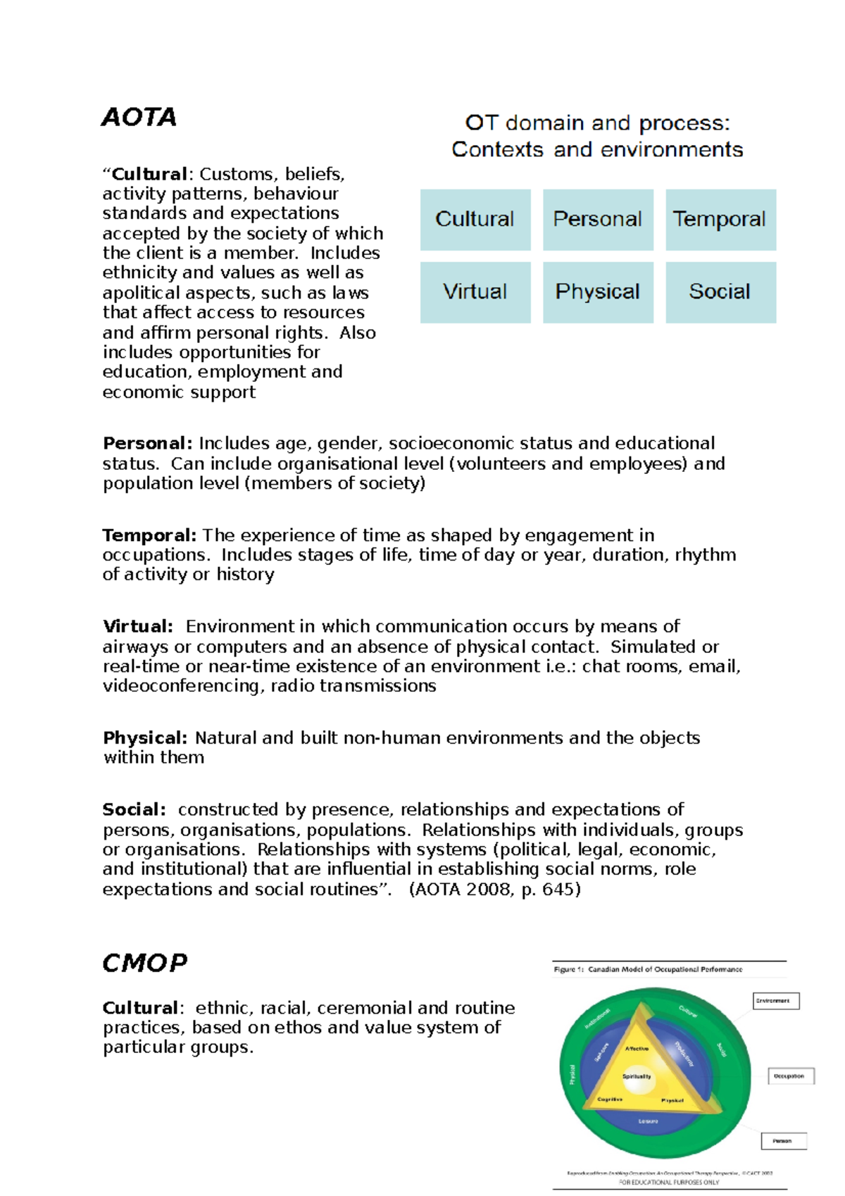 Combined Environments workshop - AOTA “Cultural: Customs, beliefs, activity patterns, behaviour ...