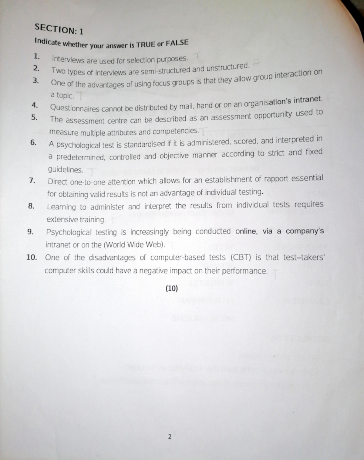 CHRB 022 Test 2 - Test Question paper - CLLA022 - Studocu