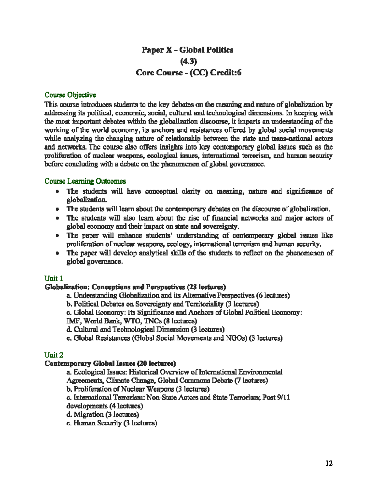 Global Politics Syllabus - BA Honours Political Science - Studocu