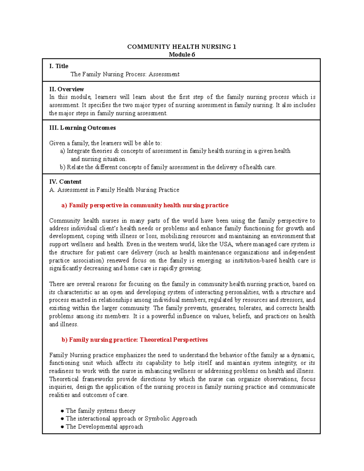 CHN Module 6 - transes - COMMUNITY HEALTH NURSING 1 Module 6 I. Title The Family Nursing Process ...