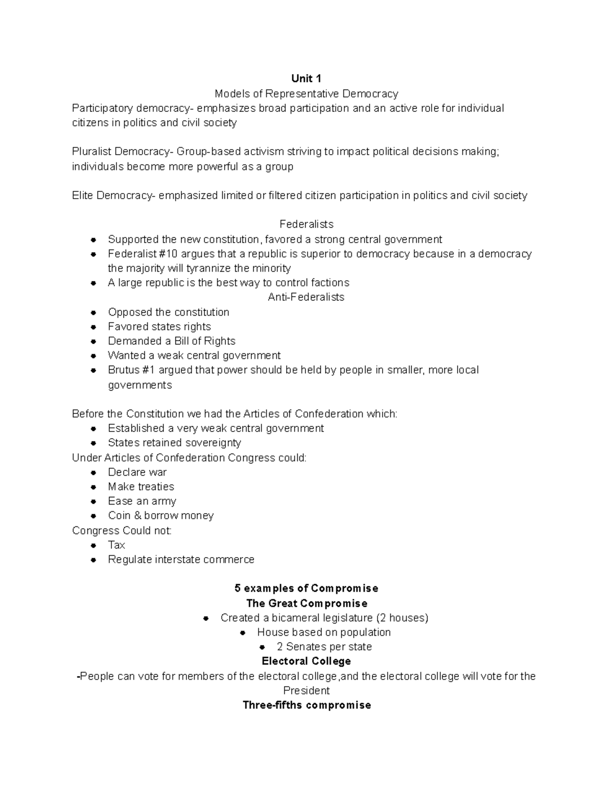 Unit 1 and 2 Review - Unit 1 Models of Representative Democracy ...